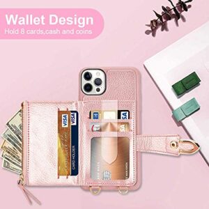 ZVE iPhone 12 and iPhone 12 Pro Wallet Case,iPhone 12 Pro/iPhone 12 Case with Zipper Card Slot Holder Crossbody Shoulder Chain Leather Handbag Purse for Apple iPhone 12 Pro/iPhone 12 6.1" - Rose Gold