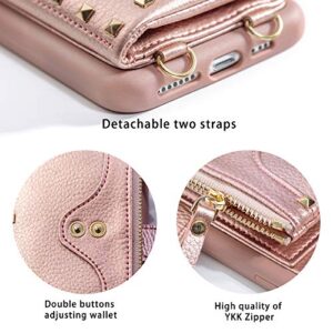 ZVE iPhone 12 and iPhone 12 Pro Wallet Case,iPhone 12 Pro/iPhone 12 Case with Zipper Card Slot Holder Crossbody Shoulder Chain Leather Handbag Purse for Apple iPhone 12 Pro/iPhone 12 6.1" - Rose Gold