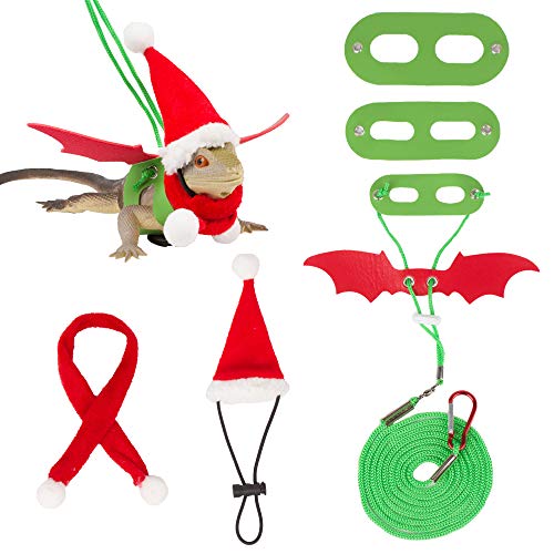 ADOGGYGO Christmas Bearded Dragon Santa Hat Scarf Lizard Leash Harness Set - Lizard Christmas Costume Christmas Scarf and Hat + 3 Pack Bearded Dragon Harness Leash for Reptile Christmas (Green & Red)