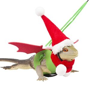 ADOGGYGO Christmas Bearded Dragon Santa Hat Scarf Lizard Leash Harness Set - Lizard Christmas Costume Christmas Scarf and Hat + 3 Pack Bearded Dragon Harness Leash for Reptile Christmas (Green & Red)