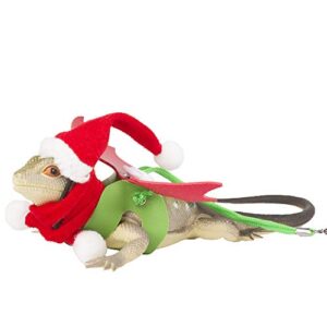 ADOGGYGO Christmas Bearded Dragon Santa Hat Scarf Lizard Leash Harness Set - Lizard Christmas Costume Christmas Scarf and Hat + 3 Pack Bearded Dragon Harness Leash for Reptile Christmas (Green & Red)