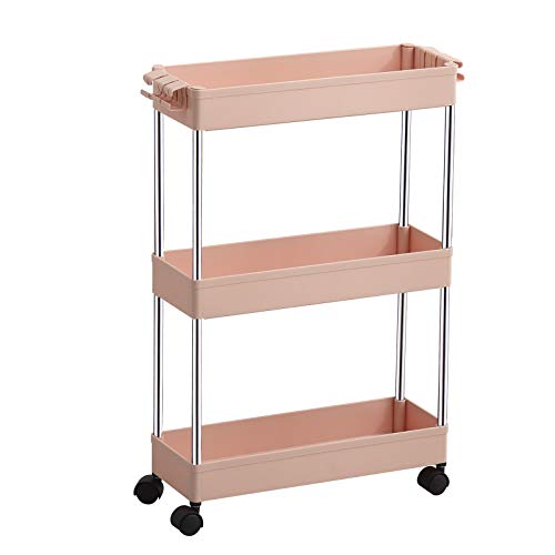 DILUOOU 3 Tier Slim Storage Cart, Mobile Shelving Unit Organizer Slide Out Rolling Storage Racks with Wheels, for Kitchen Bathroom Laundry Room Narrow Places，Pink