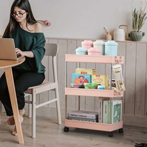 DILUOOU 3 Tier Slim Storage Cart, Mobile Shelving Unit Organizer Slide Out Rolling Storage Racks with Wheels, for Kitchen Bathroom Laundry Room Narrow Places，Pink