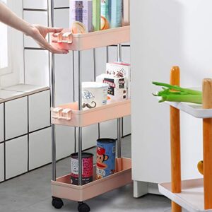 DILUOOU 3 Tier Slim Storage Cart, Mobile Shelving Unit Organizer Slide Out Rolling Storage Racks with Wheels, for Kitchen Bathroom Laundry Room Narrow Places，Pink