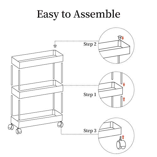 DILUOOU 3 Tier Slim Storage Cart, Mobile Shelving Unit Organizer Slide Out Rolling Storage Racks with Wheels, for Kitchen Bathroom Laundry Room Narrow Places，Pink