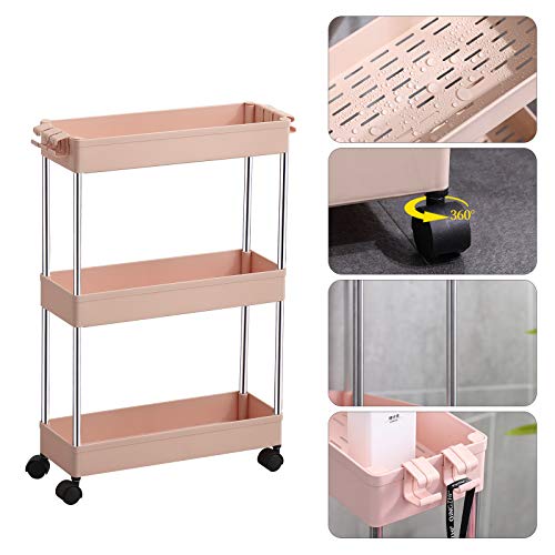 DILUOOU 3 Tier Slim Storage Cart, Mobile Shelving Unit Organizer Slide Out Rolling Storage Racks with Wheels, for Kitchen Bathroom Laundry Room Narrow Places，Pink