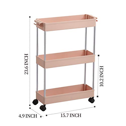 DILUOOU 3 Tier Slim Storage Cart, Mobile Shelving Unit Organizer Slide Out Rolling Storage Racks with Wheels, for Kitchen Bathroom Laundry Room Narrow Places，Pink