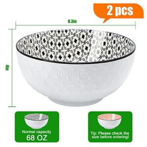 Farielyn-X 8.3" Large Salad Soup Ramen Bowls, 68 OZ Super Stackable Round Fine Porcelain Cereal Pasta Serving Bowl Sets, 2 Pack - Microwavable Ceramic Bowls - Heat and Cold Resistant Porcelain