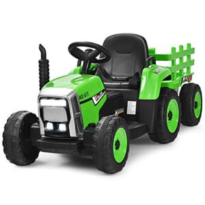 HONEY JOY Ride On Tractor with Trailer, Toddler 3-Gear-Shift Ground Loader, LED Lights, Horn, Music, 12V Battery Powered Electric Toy Tractor with Remote Control (Green)