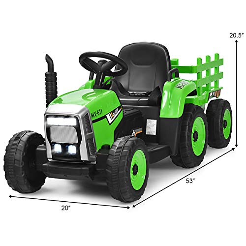 HONEY JOY Ride On Tractor with Trailer, Toddler 3-Gear-Shift Ground Loader, LED Lights, Horn, Music, 12V Battery Powered Electric Toy Tractor with Remote Control (Green)