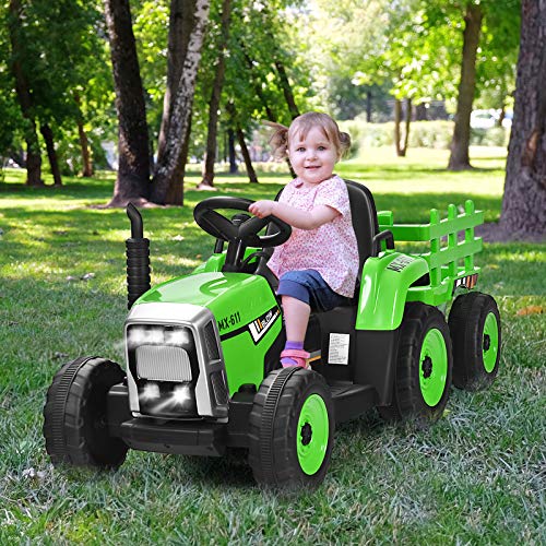 HONEY JOY Ride On Tractor with Trailer, Toddler 3-Gear-Shift Ground Loader, LED Lights, Horn, Music, 12V Battery Powered Electric Toy Tractor with Remote Control (Green)