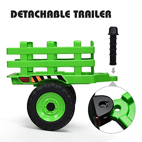 HONEY JOY Ride On Tractor with Trailer, Toddler 3-Gear-Shift Ground Loader, LED Lights, Horn, Music, 12V Battery Powered Electric Toy Tractor with Remote Control (Green)