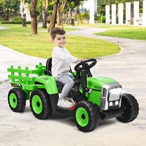 HONEY JOY Ride On Tractor with Trailer, Toddler 3-Gear-Shift Ground Loader, LED Lights, Horn, Music, 12V Battery Powered Electric Toy Tractor with Remote Control (Green)