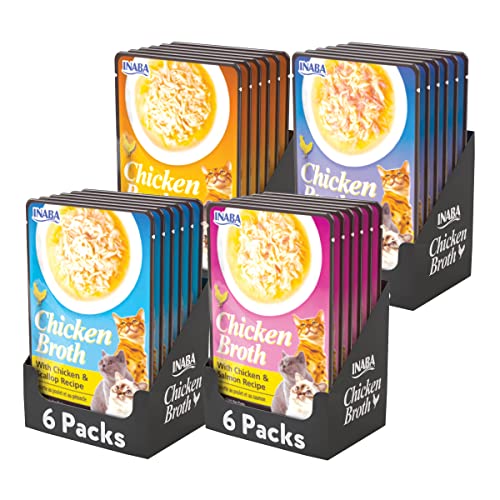 INABA Chicken Broth - Shredded Chicken and Seafood Flakes in Tasty Chicken Gravy - Side Dish Wet Treat for Cats - 4 Flavor Variety Pack (24 Pouches)