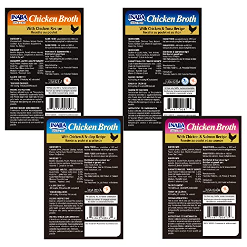 INABA Chicken Broth - Shredded Chicken and Seafood Flakes in Tasty Chicken Gravy - Side Dish Wet Treat for Cats - 4 Flavor Variety Pack (24 Pouches)