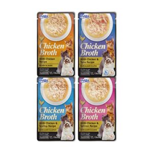 INABA Chicken Broth - Shredded Chicken and Seafood Flakes in Tasty Chicken Gravy - Side Dish Wet Treat for Cats - 4 Flavor Variety Pack (24 Pouches)