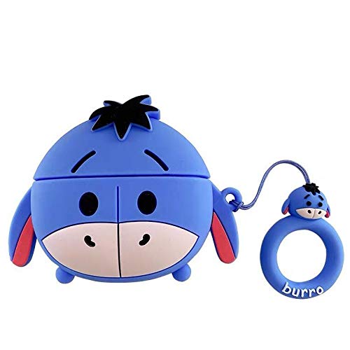 Ultra Thick Soft Silicone Case with Finger Ring Holder for Apple AirPods 1 2 1st 2nd Generation Blue Donkey Eeyore Anime Animal 3D Character Adorable Cute Lovely Fun Funny Women Girls Boys Protective