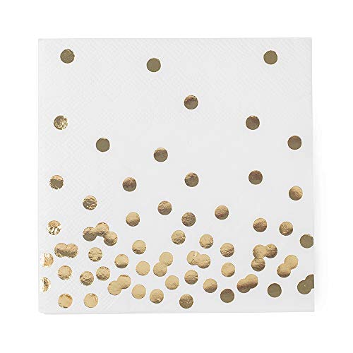 80 Pack of White Paper Cocktail Napkins with Gold Foil Polka Dot Confetti，Polka Dot Party Supplies(5 x 5 in，3-ply) (gold)