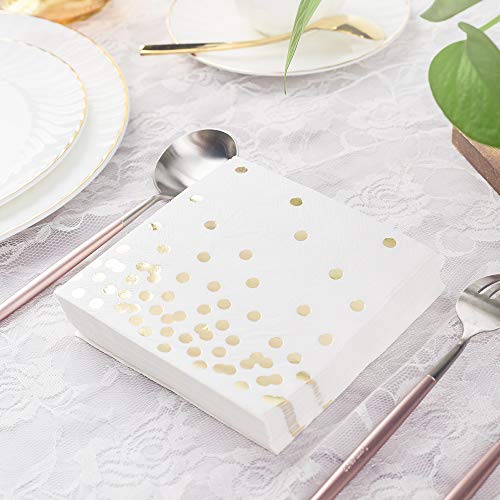 80 Pack of White Paper Cocktail Napkins with Gold Foil Polka Dot Confetti，Polka Dot Party Supplies(5 x 5 in，3-ply) (gold)