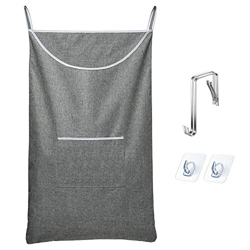 SAVERHO Large Hanging Laundry Hamper Bag, Door Hanging Hamper with Front Pocket Dirty Clothes Hanging Laundry Bag Large Size 35X22inch Door Laundry Basket (Grey)