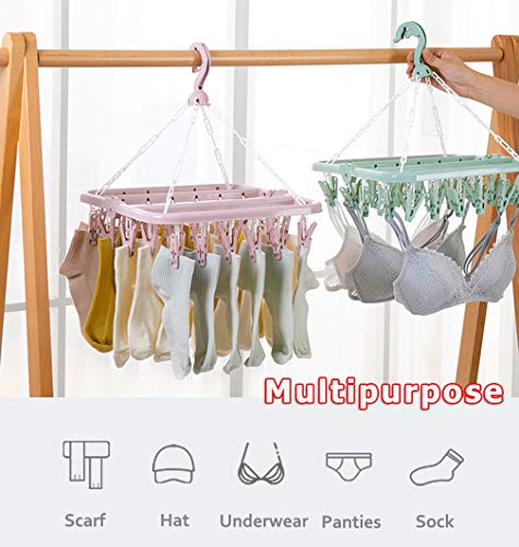 Rivama Clothes Drying Hanger with 32 Clips,Baby Clothes Drying Rack,Sock Clips for Laundry Foldable Clothes Hangers for Drying Socks,Towels,Underwear,Bras,Diapers,Baby Clothes,Gloves,Hats (Purple)