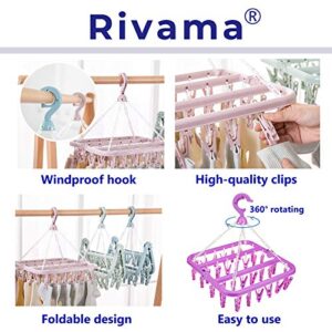 Rivama Clothes Drying Hanger with 32 Clips,Baby Clothes Drying Rack,Sock Clips for Laundry Foldable Clothes Hangers for Drying Socks,Towels,Underwear,Bras,Diapers,Baby Clothes,Gloves,Hats (Purple)