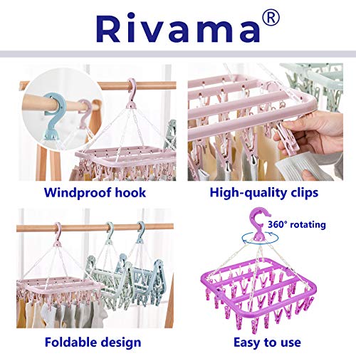 Rivama Clothes Drying Hanger with 32 Clips,Baby Clothes Drying Rack,Sock Clips for Laundry Foldable Clothes Hangers for Drying Socks,Towels,Underwear,Bras,Diapers,Baby Clothes,Gloves,Hats (Purple)