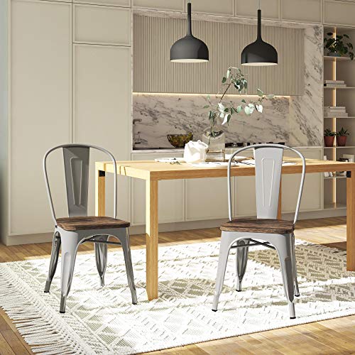 DHP Fusion Metal Wood Seat, Silver, Set of 2, Dining Chair