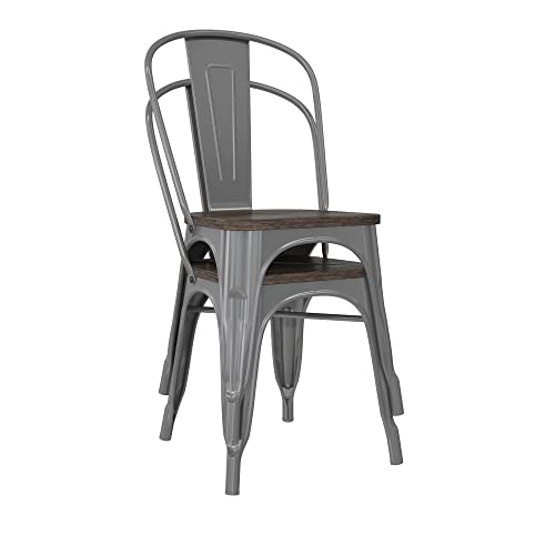 DHP Fusion Metal Wood Seat, Silver, Set of 2, Dining Chair