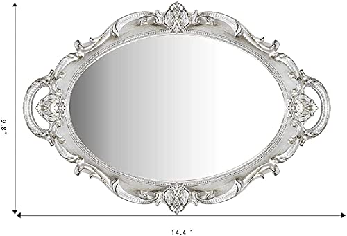 Yamfurga Oval Decorative Mirror Tray, French Style, Makeup Organizer, Jewelry Organizer, Serving Tray, 9.8"x 14.6", Golden Silver