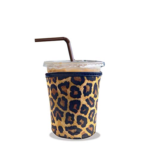 PuFivewr Reusable Iced Coffee Cup Insulator Sleeve for Cold Beverages and Neoprene Holder for Starbucks Coffee, McDonalds, Dunkin Donuts, More (Leopard, 16oz - 18oz)