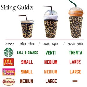 PuFivewr Reusable Iced Coffee Cup Insulator Sleeve for Cold Beverages and Neoprene Holder for Starbucks Coffee, McDonalds, Dunkin Donuts, More (Leopard, 16oz - 18oz)