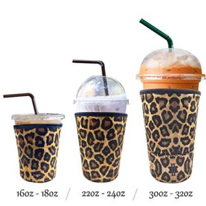 PuFivewr Reusable Iced Coffee Cup Insulator Sleeve for Cold Beverages and Neoprene Holder for Starbucks Coffee, McDonalds, Dunkin Donuts, More (Leopard, 16oz - 18oz)