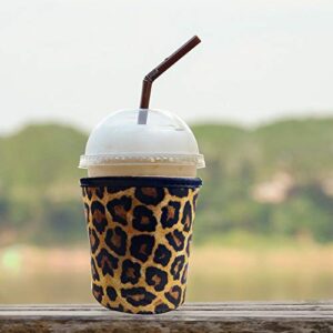 PuFivewr Reusable Iced Coffee Cup Insulator Sleeve for Cold Beverages and Neoprene Holder for Starbucks Coffee, McDonalds, Dunkin Donuts, More (Leopard, 16oz - 18oz)