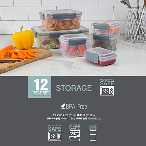 Kitchen Details 12 Piece Food Storage Container Set | 6 Containers and 6 Lids | Airtight | Stackable | BPA Free | Microwave | Dishwasher | Freezer Safe | 2.25L | 1L | 400ml | 160ml | Grey