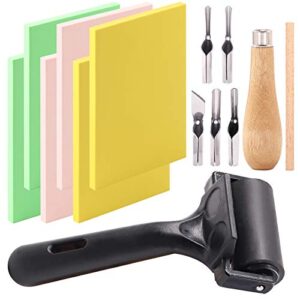 keadic 12pcs soft rubber carving blocks kit, comes with linoleum cutter tools & 2 inches rubber roller brayer rollers glue roller for ink paint block stamping, printmaking wallpaper and arts & crafts