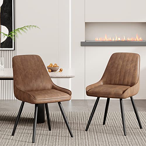 Alunaune Modern Dining Chairs Set of 2 Upholstered Kitchen Chairs Mid Century Armless Leisure Accent Chair Living Room Faux Leather Desk Side Chair with Metal Legs-Brown