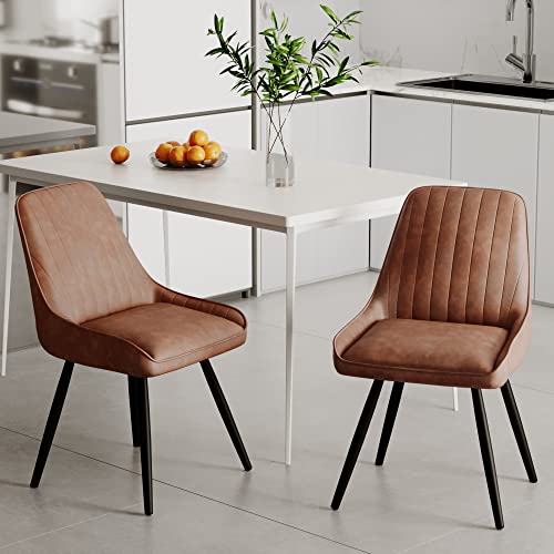 Alunaune Modern Dining Chairs Set of 2 Upholstered Kitchen Chairs Mid Century Armless Leisure Accent Chair Living Room Faux Leather Desk Side Chair with Metal Legs-Brown