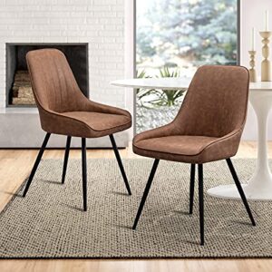 Alunaune Modern Dining Chairs Set of 2 Upholstered Kitchen Chairs Mid Century Armless Leisure Accent Chair Living Room Faux Leather Desk Side Chair with Metal Legs-Brown