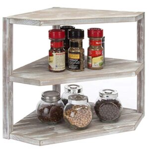 mygift rustic brown washed solid wood kitchen counter corner shelf, 3 tier storage organizer spice rack condiment shelf