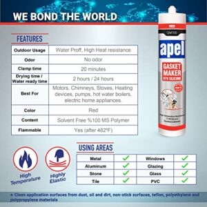 apel High Performance RTV High-Temp Silicone Gasket Maker and Sealant Heat Resistant from 104ºF to 572ºF Red, 10.2 oz.