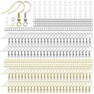 hypoallergenic earring hooks, thrilez 600pcs earring making kit with hypoallergenic earring hooks, jump rings and clear rubber earring backs for diy jewelry making (silver and gold)