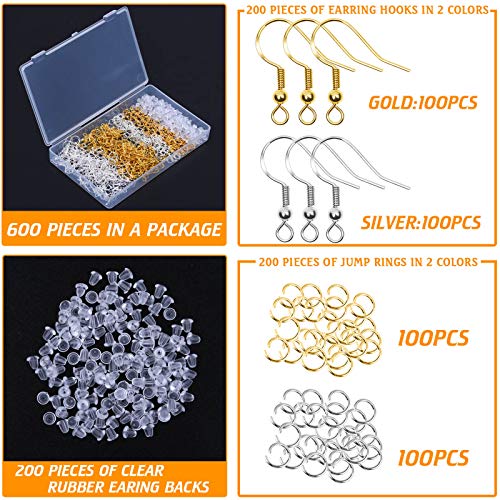 Hypoallergenic Earring Hooks, Thrilez 600Pcs Earring Making Kit with Hypoallergenic Earring Hooks, Jump Rings and Clear Rubber Earring Backs for DIY Jewelry Making (Silver and Gold)