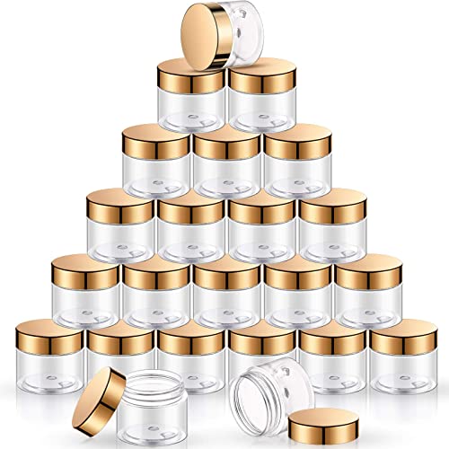 SATINIOR 24 Pieces Empty Clear Plastic Jars with Lids Round Storage Containers Wide-Mouth for Beauty Product Cosmetic Cream Lotion Liquid Slime Butter Craft and Food (Gold Lid, 2 oz)