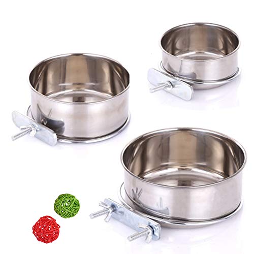 3 Pack Bird Feeder Bowl, Stainless Steel Parrot Feeding Cups with Clamp Holder, Cage Water Food Dish for Parakeet Lovebird Conure Cockatiels