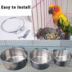 3 Pack Bird Feeder Bowl, Stainless Steel Parrot Feeding Cups with Clamp Holder, Cage Water Food Dish for Parakeet Lovebird Conure Cockatiels