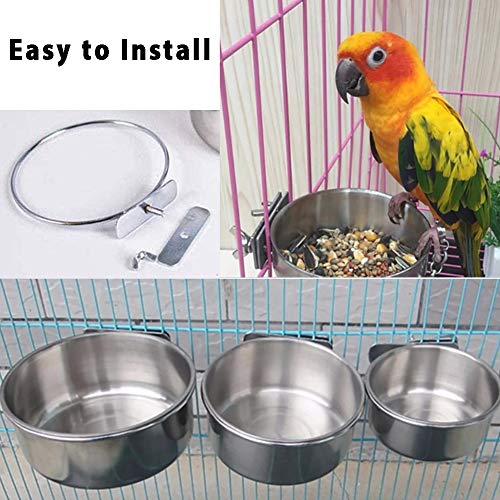 3 Pack Bird Feeder Bowl, Stainless Steel Parrot Feeding Cups with Clamp Holder, Cage Water Food Dish for Parakeet Lovebird Conure Cockatiels