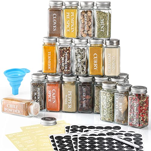 AOZITA 24 Pcs Glass Spice Jars with Spice Labels - 8oz Empty Square Spice Bottles - Shaker Lids and Airtight Metal Caps - Chalk Marker and Silicone Collapsible Funnel Included