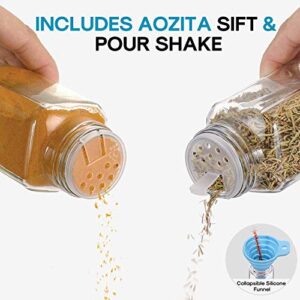 AOZITA 24 Pcs Glass Spice Jars with Spice Labels - 8oz Empty Square Spice Bottles - Shaker Lids and Airtight Metal Caps - Chalk Marker and Silicone Collapsible Funnel Included