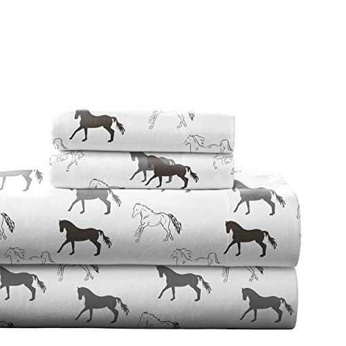 Pointehaven 180 GSM 100% Cotton Flannel Sheet Set - King Stallions Grey - Warm & Cozy - Pre-Shrunk -Deep Pockets - Elastic All Around-Comfy Double Brushed